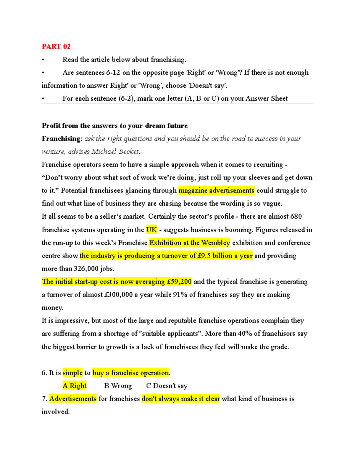 TEST 02 - Reading Practice Test on Franchising and Conference Booking ...
