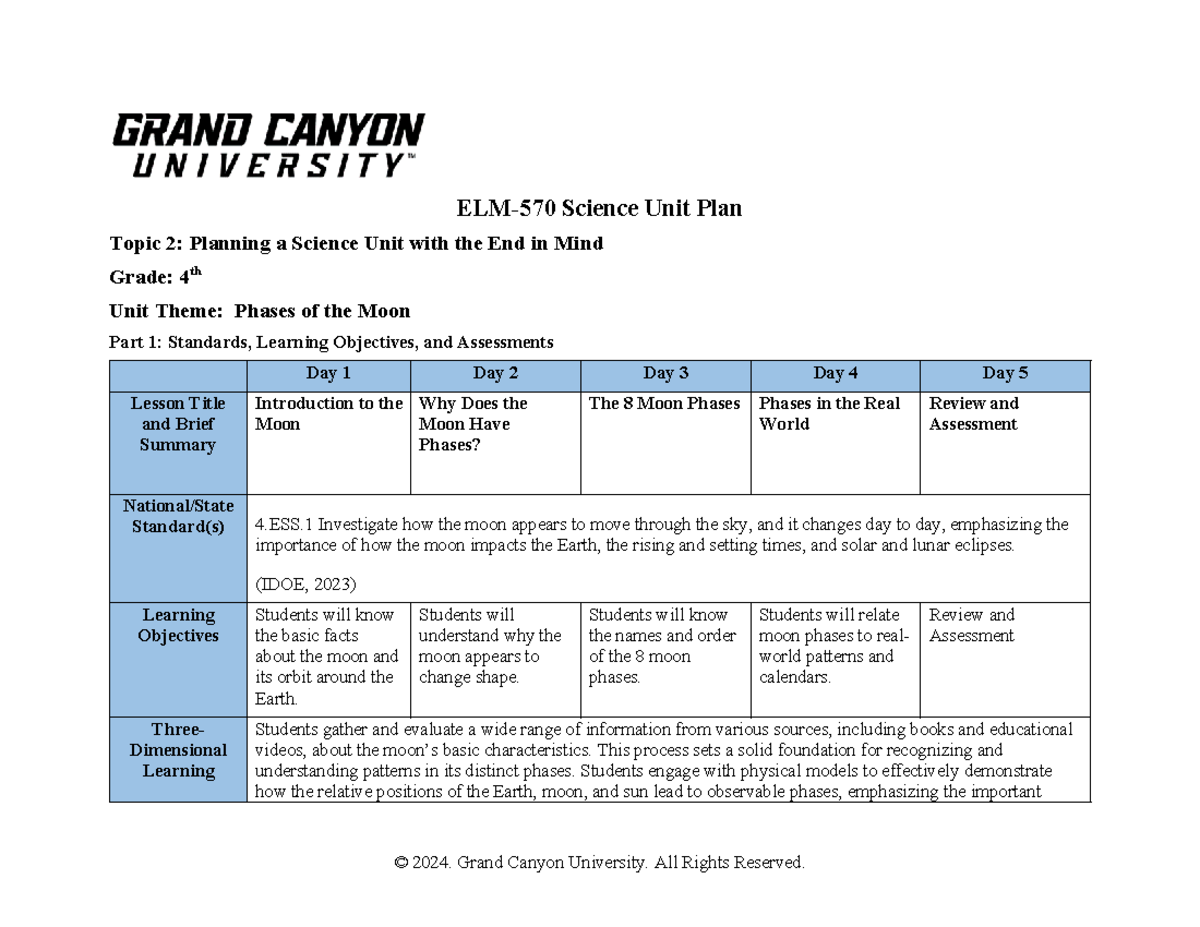 ELM-570 Final Unit Plan: Understanding the Phases of the Moon - Studocu
