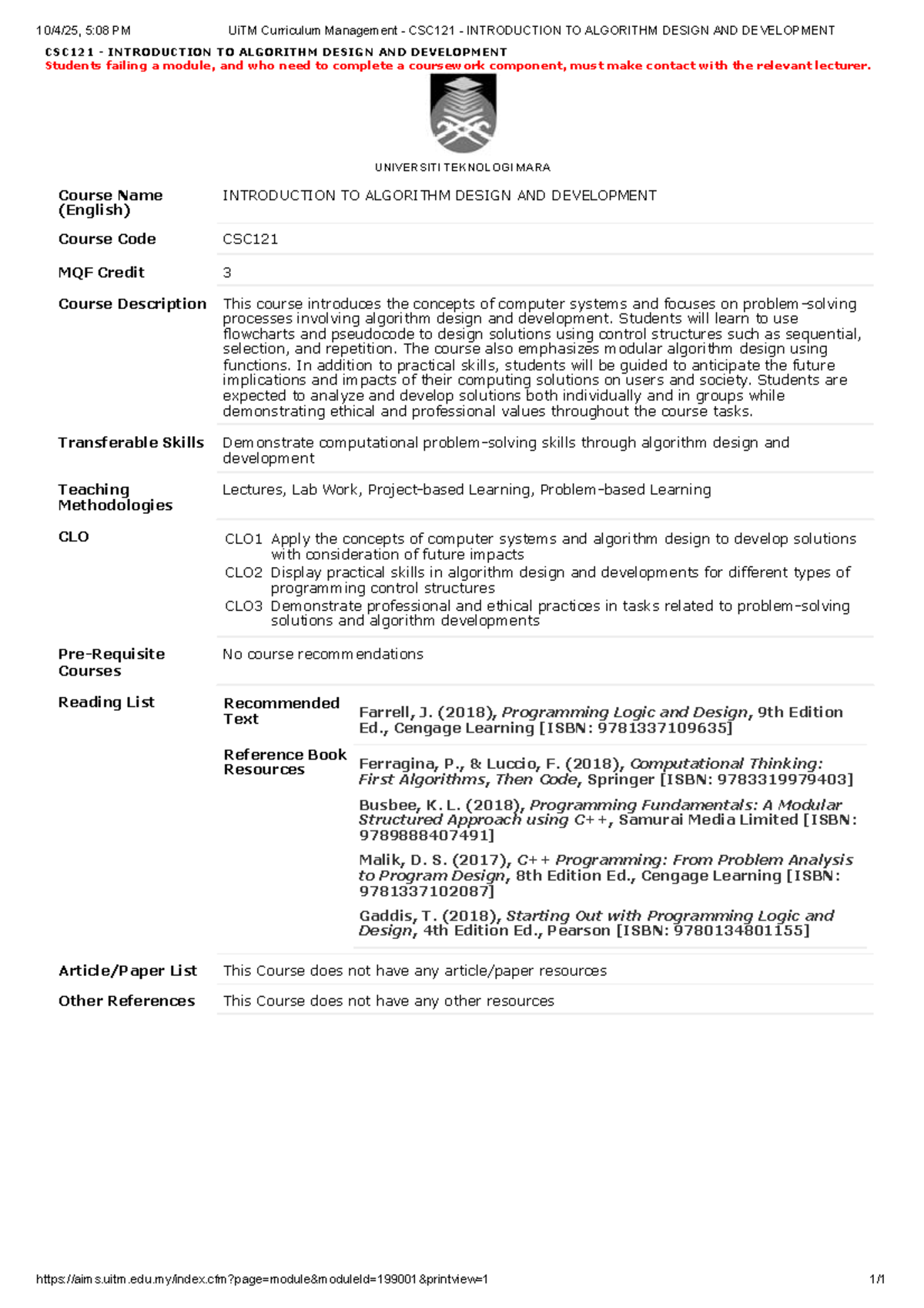 UiTM CSC121 Final Exam Notes: Introduction to Algorithm Design - Studocu