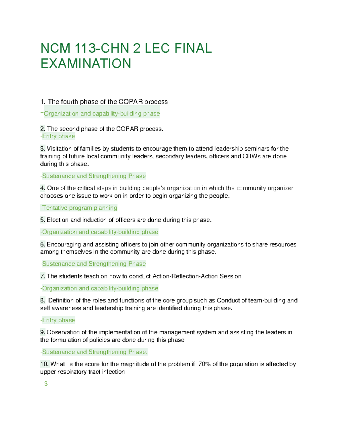 NCM 113 Final Exam: Key Topics on COPAR Phases and Community Leadership ...
