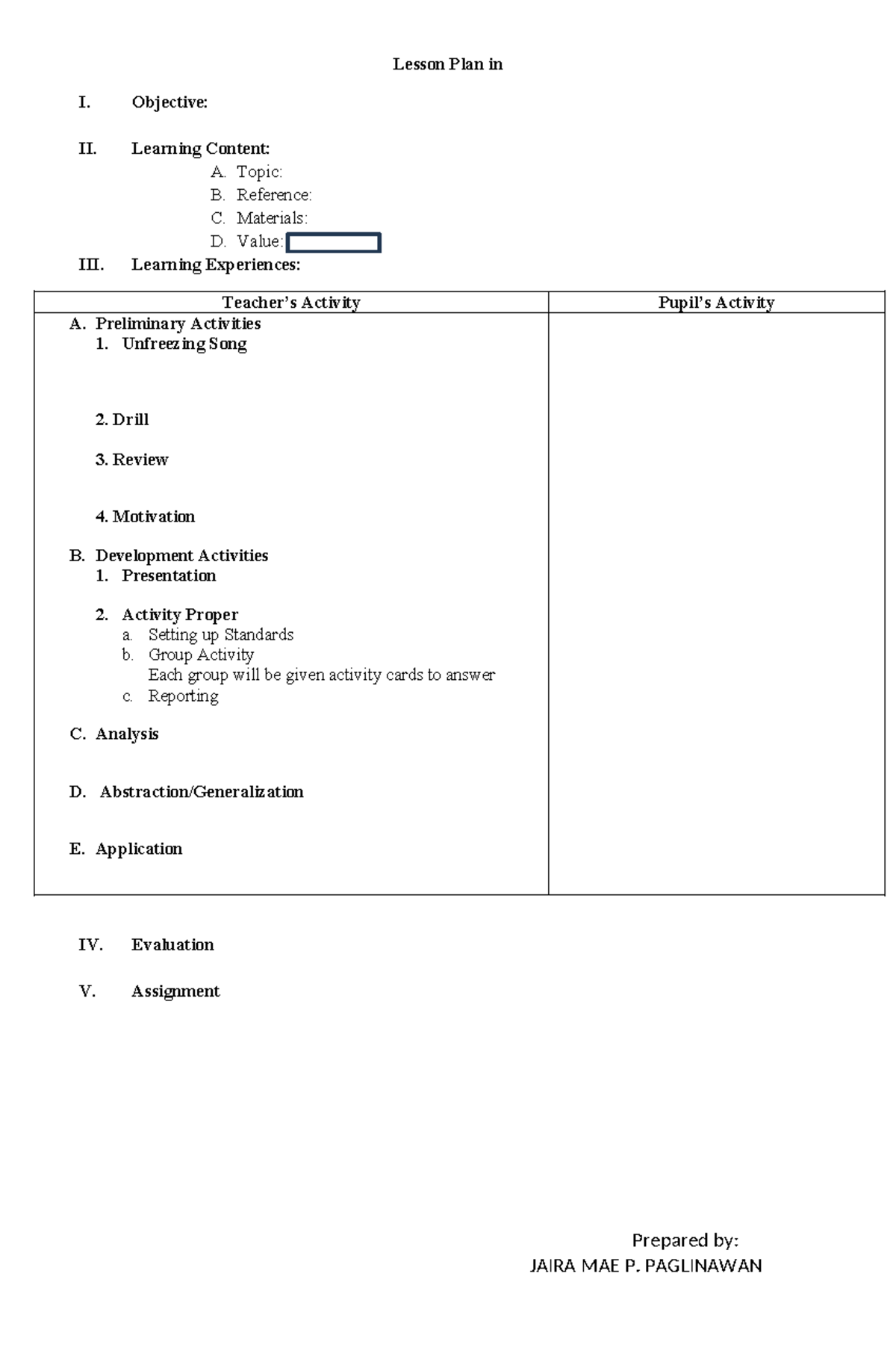 4As Lesson Plan Template - Lesson Plan in I. Objective: II. Learning ...