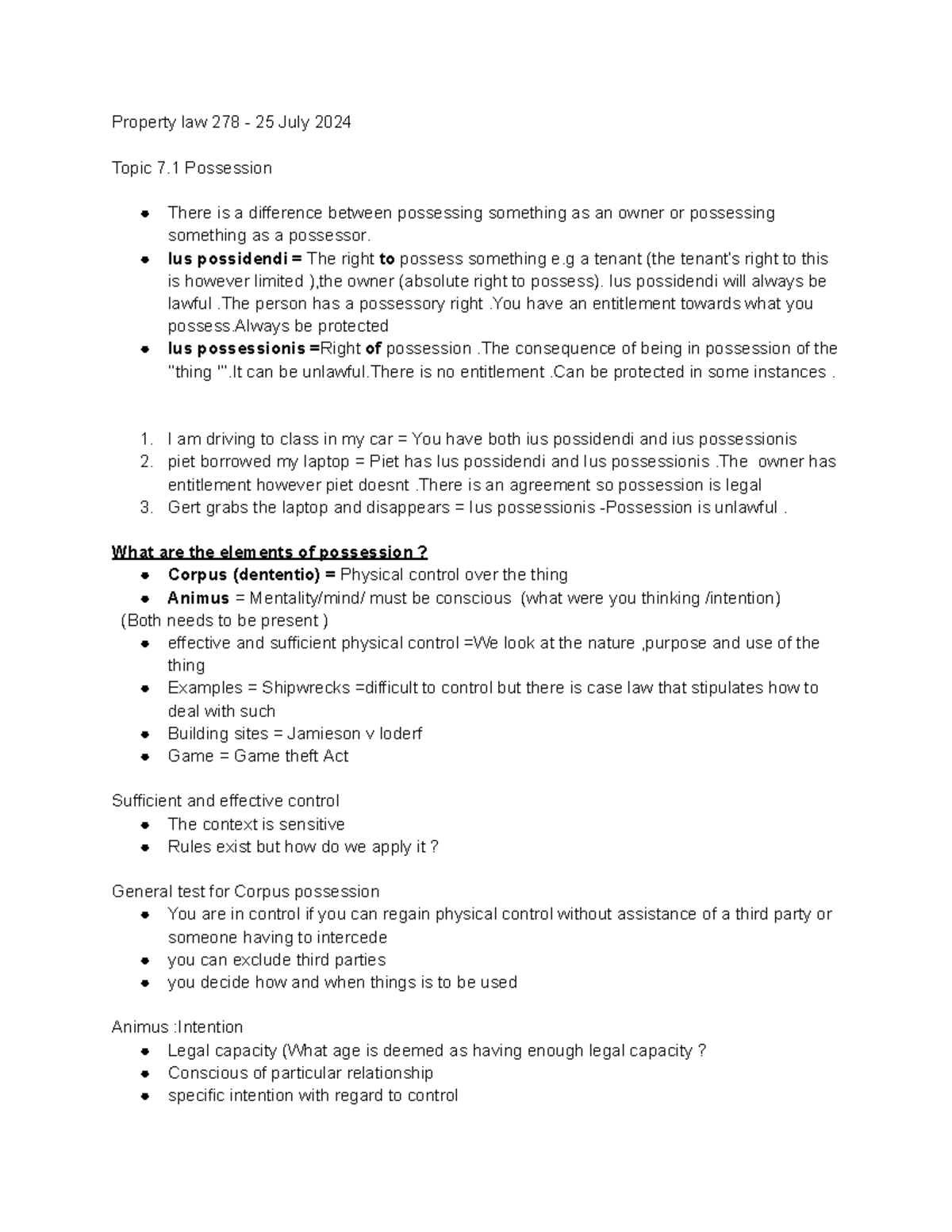 Property Law 278: Semester 2 Lecture Notes on Possession Elements - Studocu