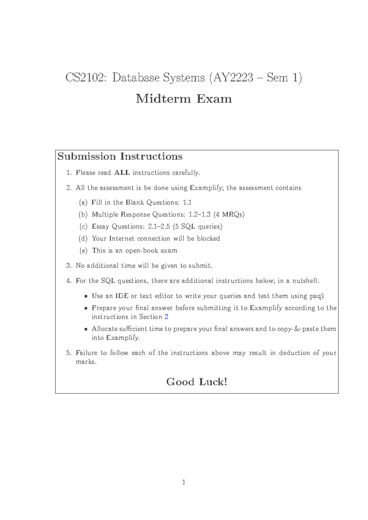 CS2102: Database Systems Sem 1 Midterm Exam Submission Guidelines - Studocu