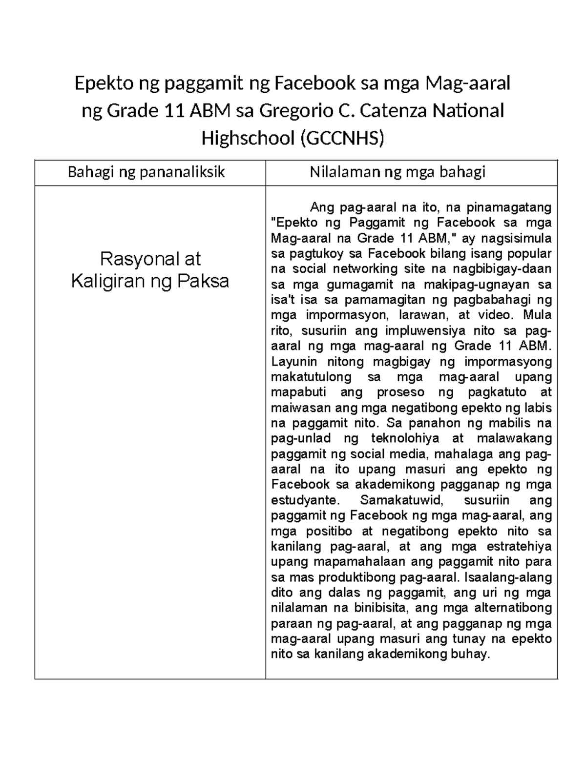 Epekto ng Paggamit ng Facebook sa Mag-aaral ng Grade 11 ABM sa GCCNHS - Studocu