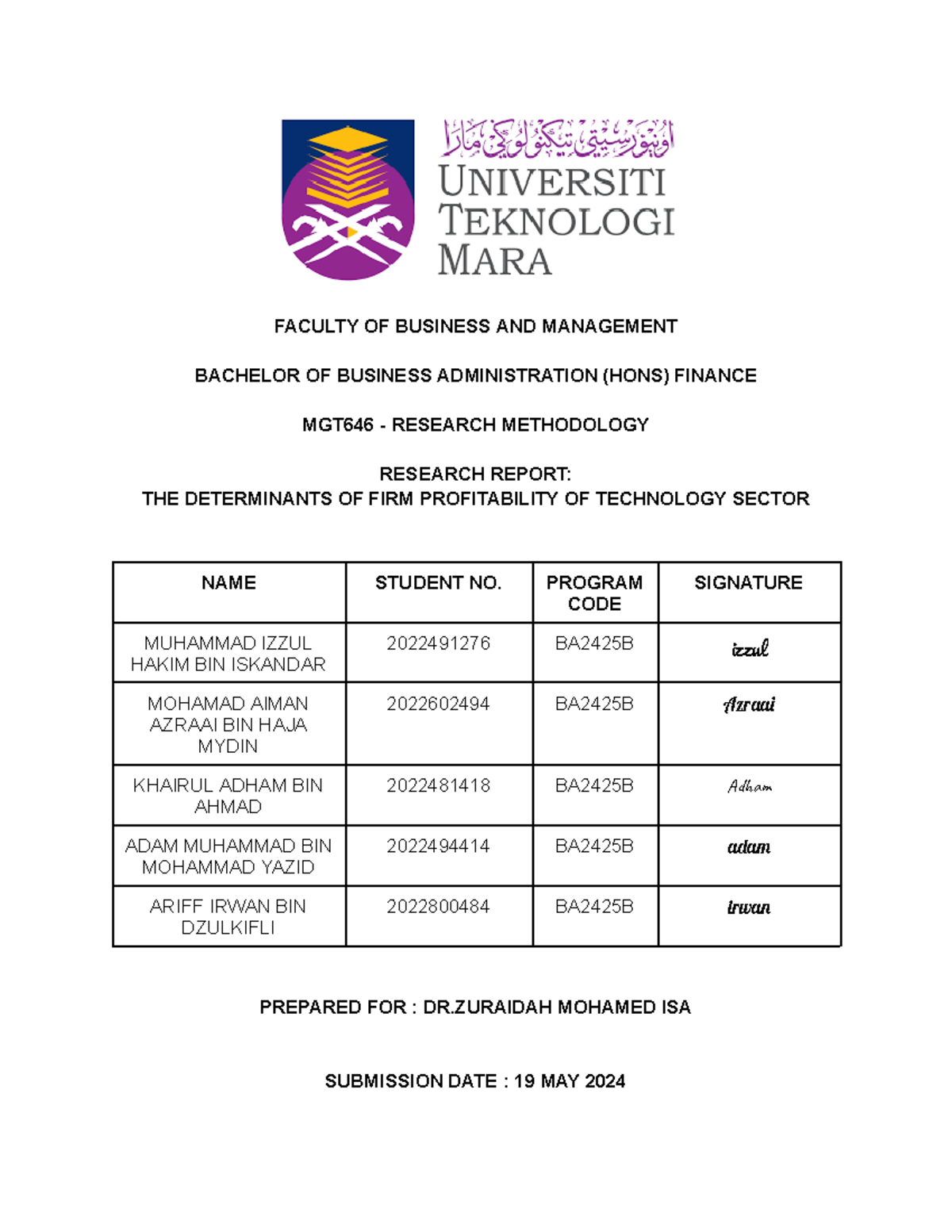 MGT646 - Research Methodology: Determinants of Technology Sector ...
