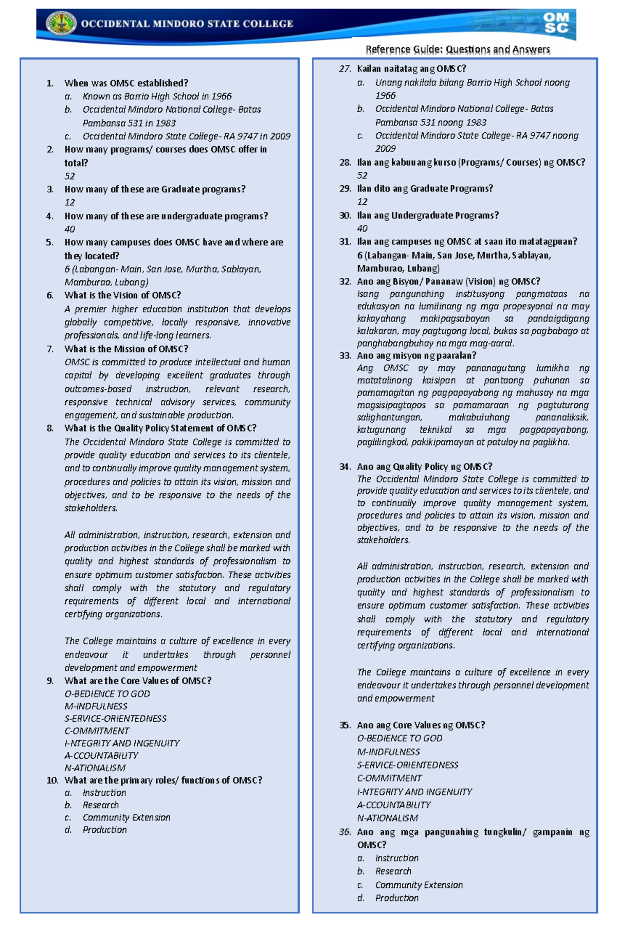 PQA-Reference Guide: OMSC Questions and Answers Overview - Studocu