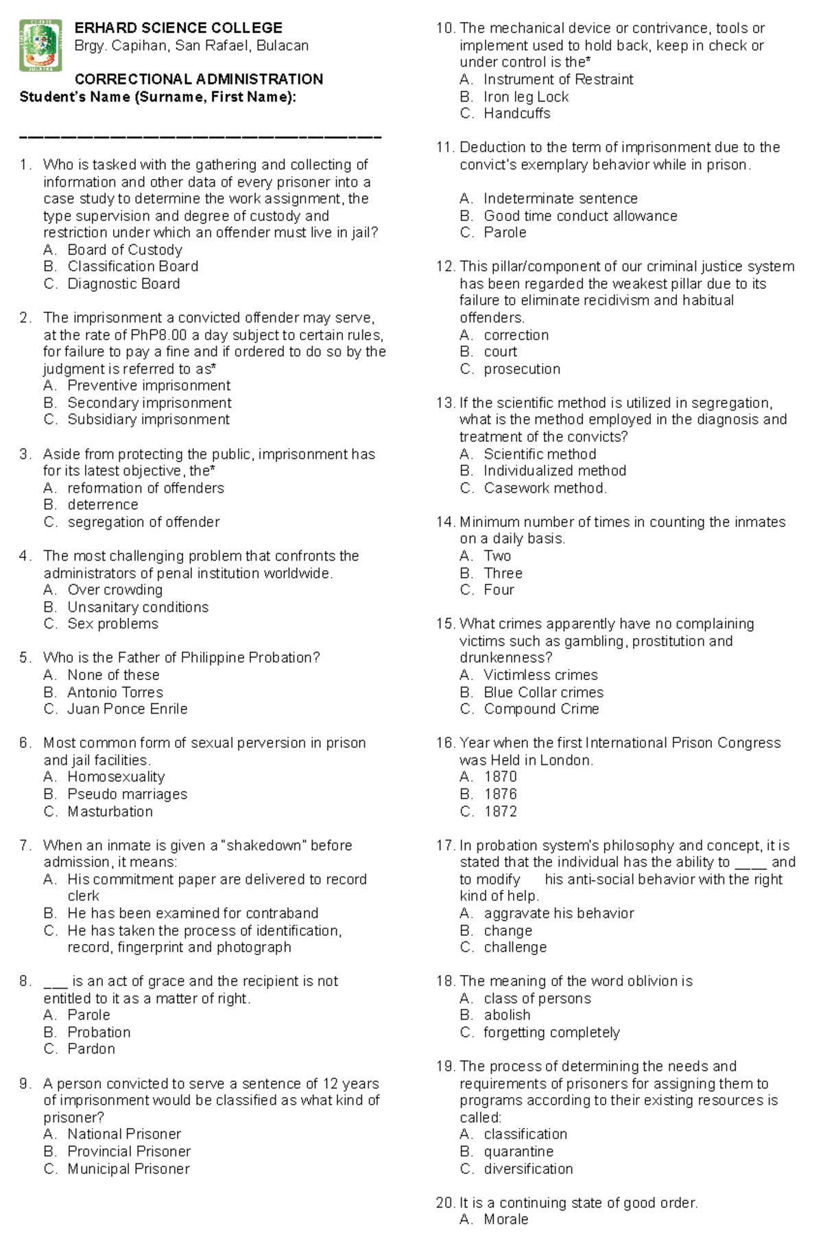 Correctional Administration - ERHARD SCIENCE COLLEGE Brgy. Capihan, San ...