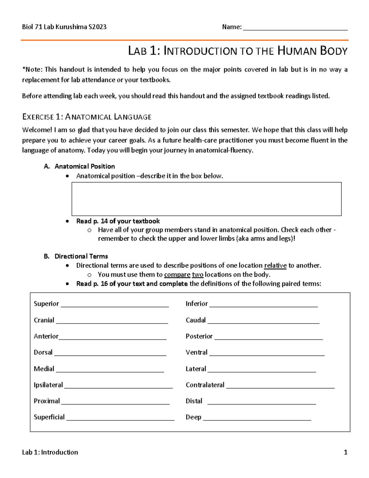 Lab 1: Intro to Human Anatomy & Directional Terms (Biol 71 S2023) - Studocu