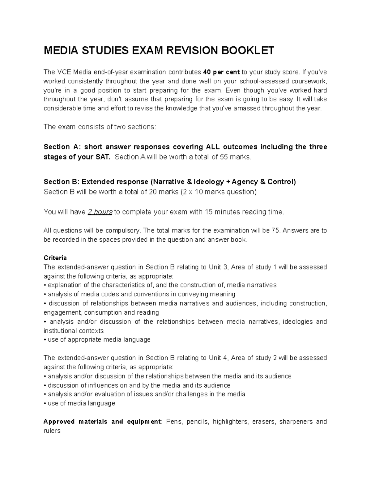 VCE Media - End-of-Year Exam Revision Guide 2021 - Studocu