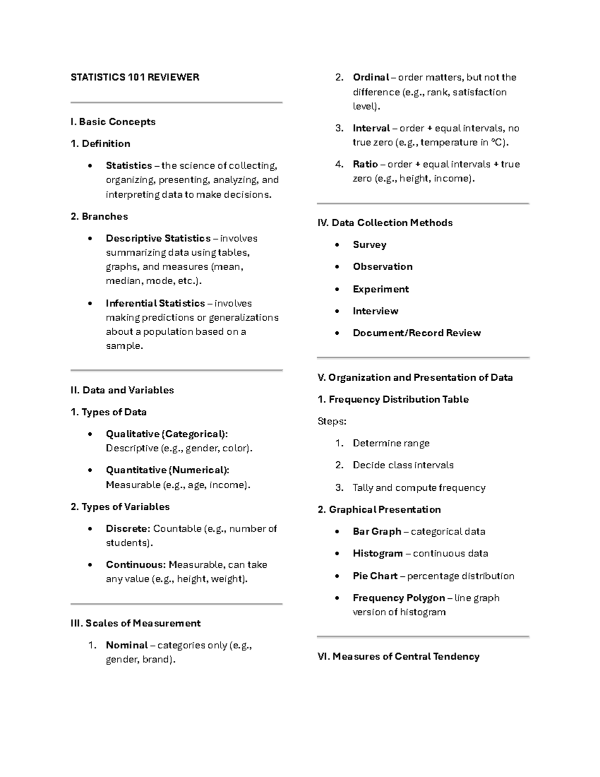STATISTICS 101 FINAL REVIEW: Key Concepts and Methods - Studocu