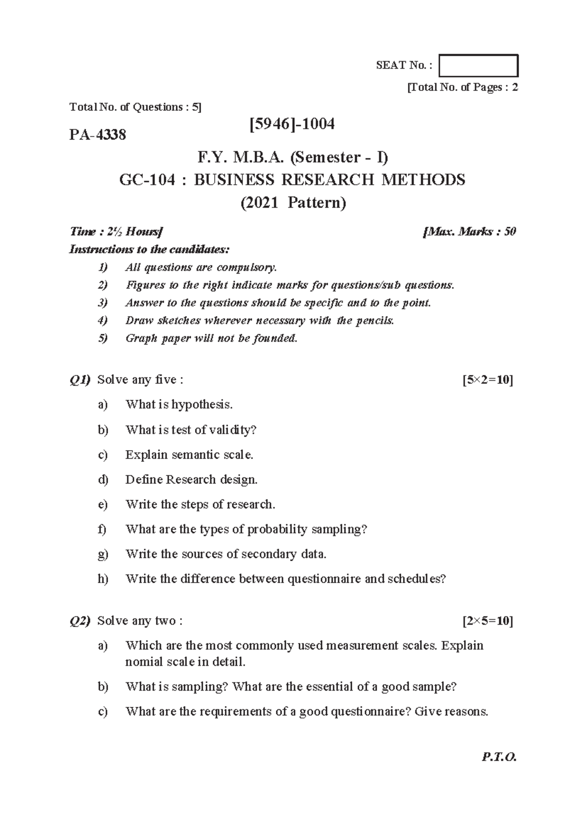 F.Y. M.B.A. (Sem I) Business Research Methods Exam Paper - Oct 2022 ...