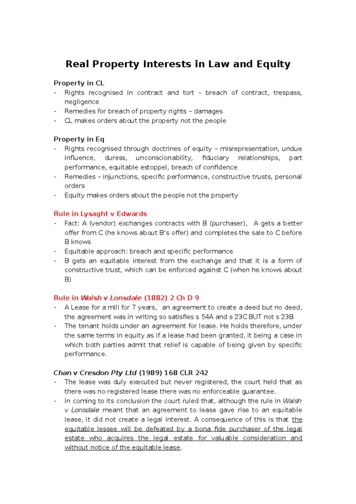 Real Property Interests (Law & Equity) - Key Doctrines & Cases - Studocu