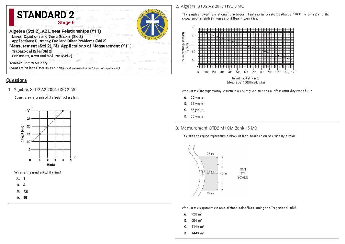 Measurement and Linear Questions: STD2 A2 & M1 HSC Exam Prep - Studocu