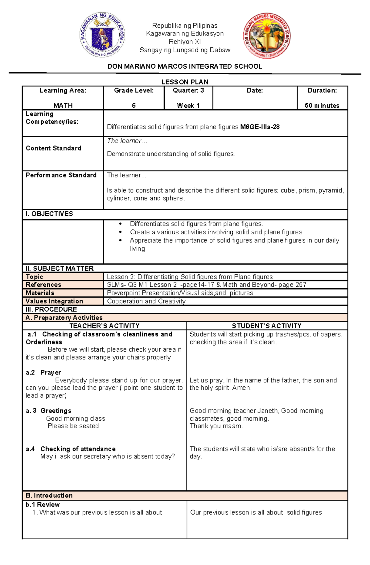 MATH 6 COT 3rd Quarter Lesson Plan: Solid vs. Plane Figures - Studocu