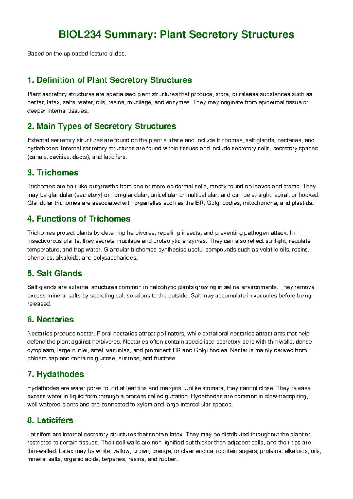 BIOL234 Lecture Summary: Overview of Plant Secretory Structures - Studocu