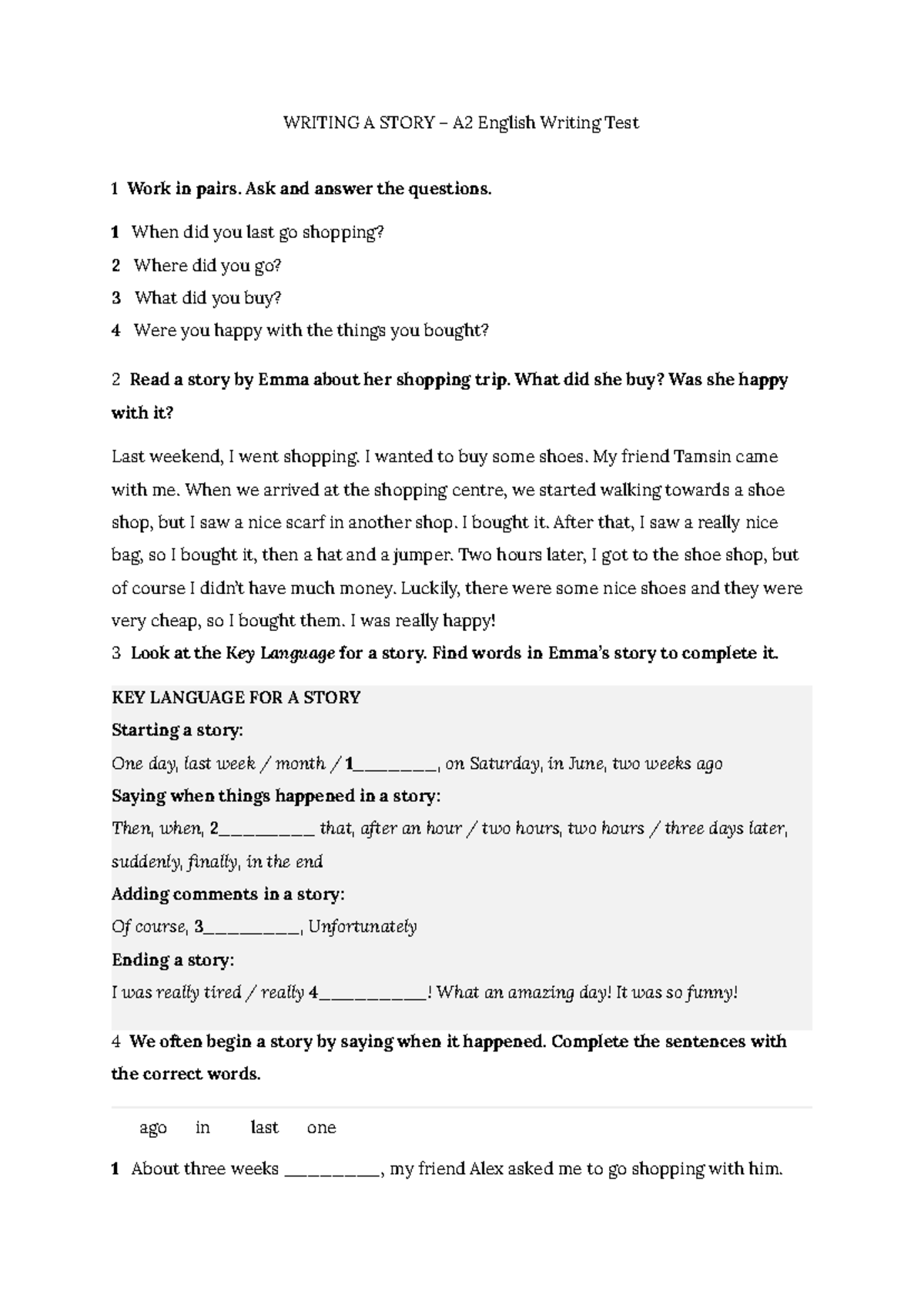Writing a Story - A2 English Writing Test 1: Shopping Adventures - Studocu