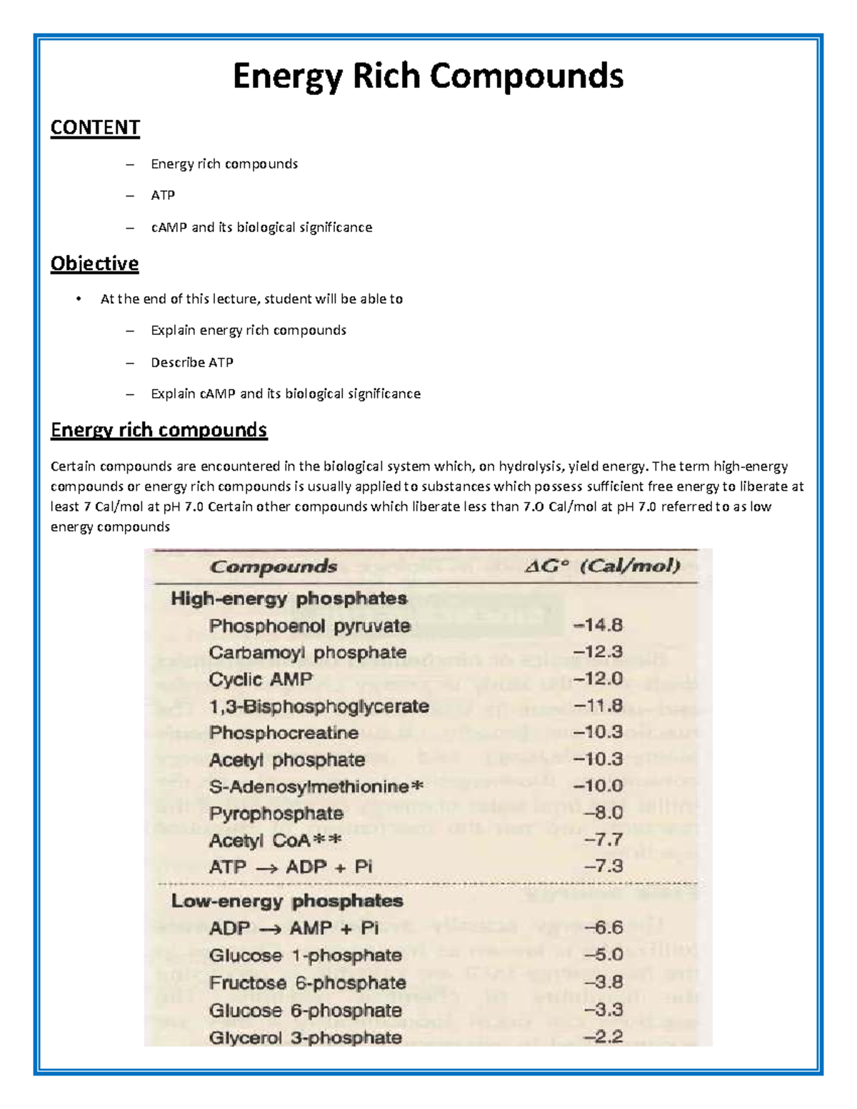 Energy Rich Compounds: ATP, cAMP & Their Biological Significance - Studocu
