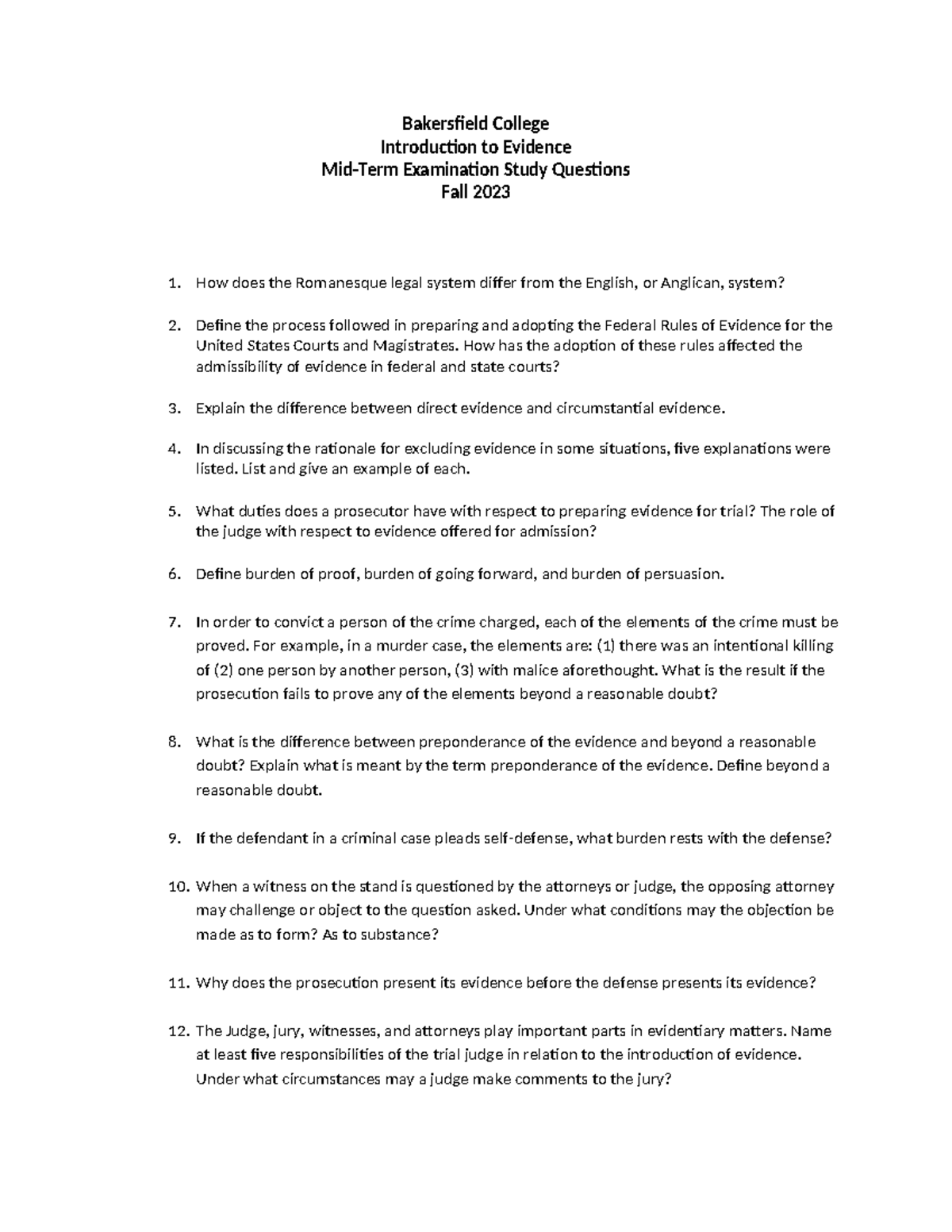 Fall 2023 Mid-Term Exam Study Questions: Introduction to Evidence - Studocu