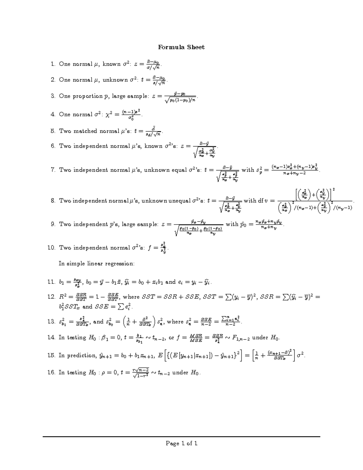 Formula Sheet for Statistics 101: Final Exam Review - Studocu