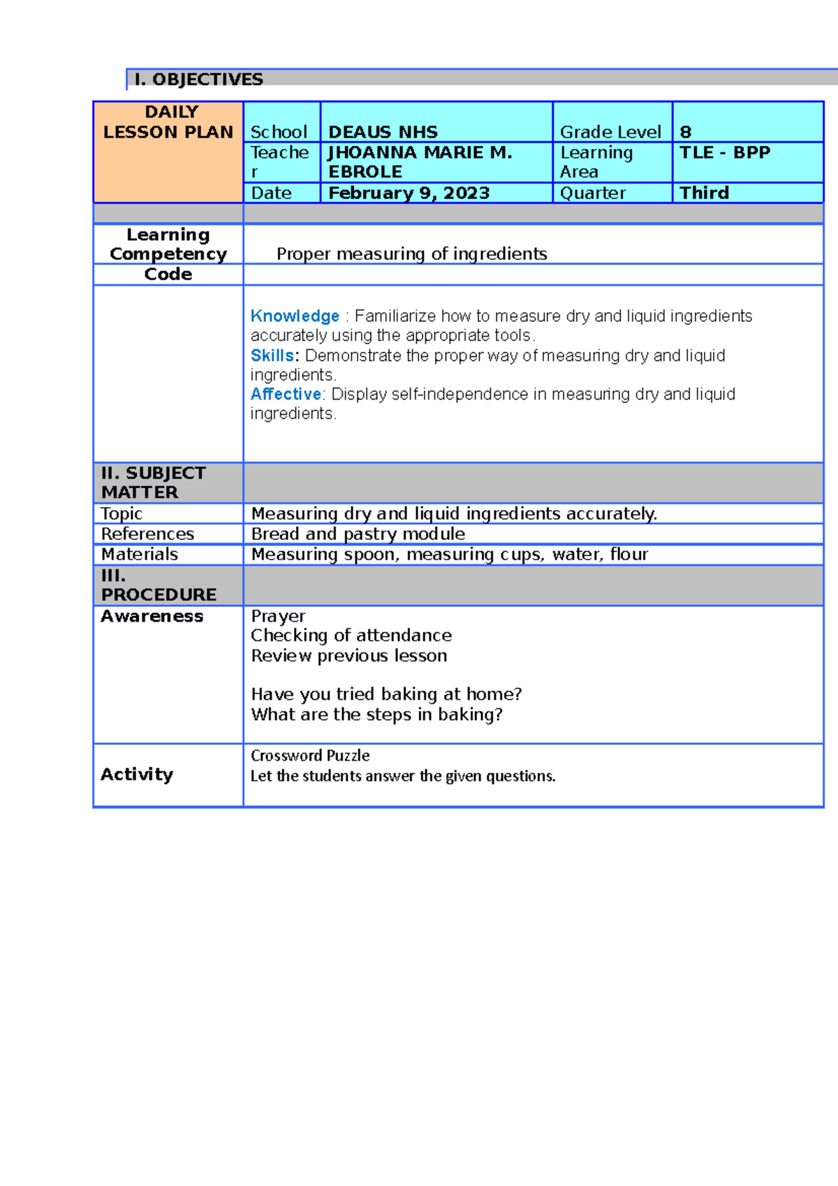 TLE 8 BPP measuring ingredients - DAILY LESSON PLAN School DEAUS NHS ...
