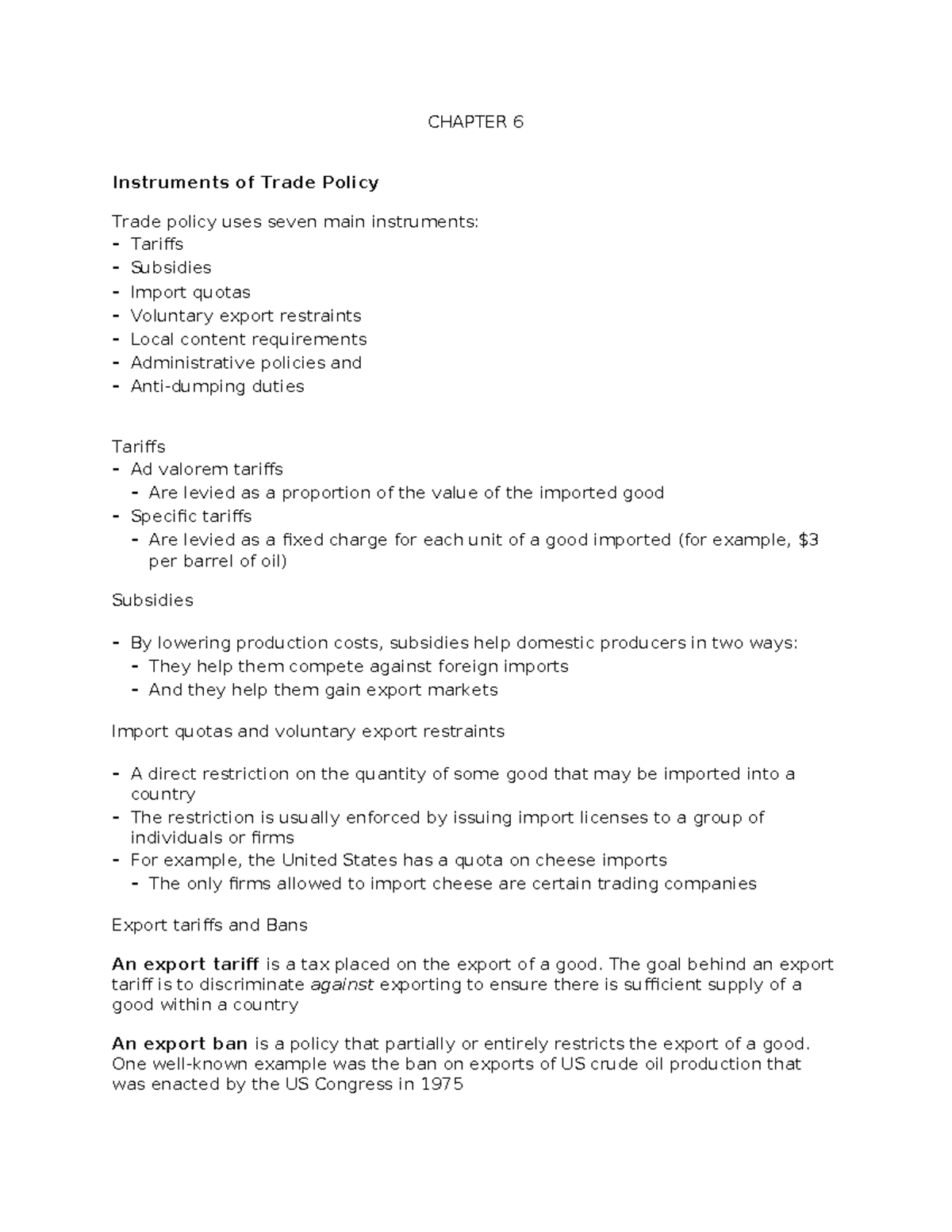 Chapter 6: Instruments of Trade Policy - Lecture Notes - Studocu