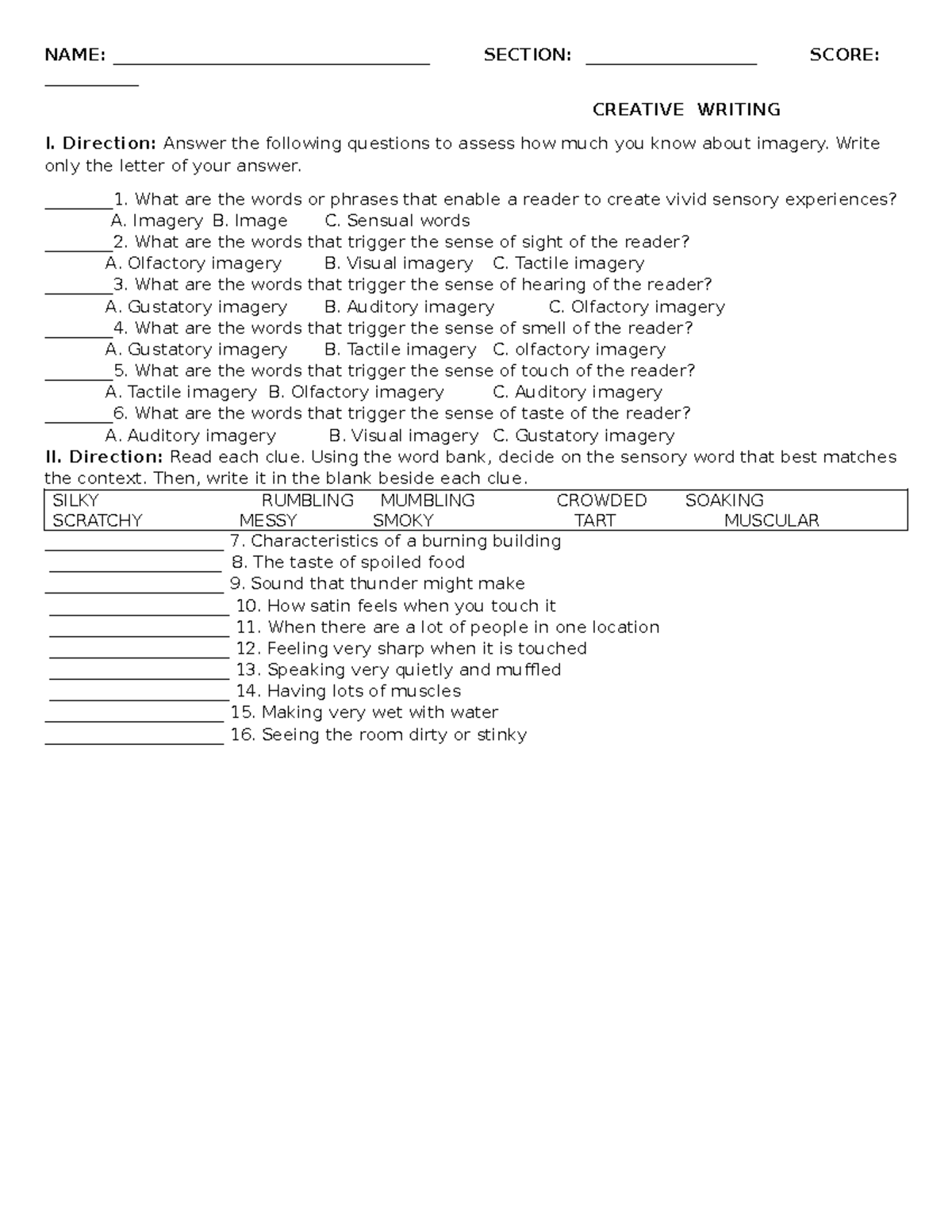 Creative Writing I: Long Quiz on Imagery Concepts - Studocu