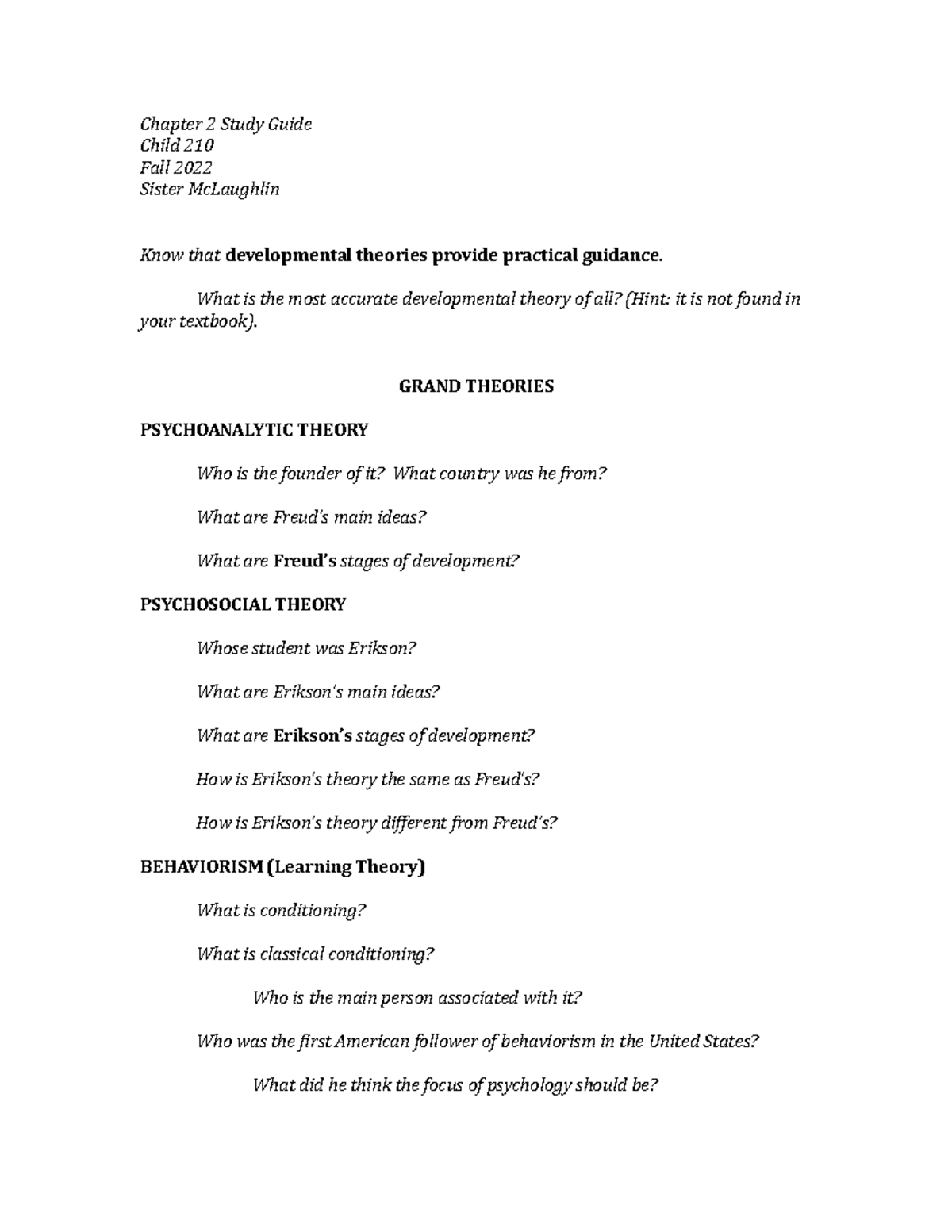 Child 210 - Chapter 2 Theories Study Guide (Fall 2022) - Studocu