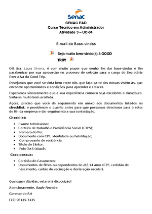 Atividade 1 – UC-07 - SENAC EAD Curso Técnico em Administrador Atividade 1 – UC- Modelo de ...