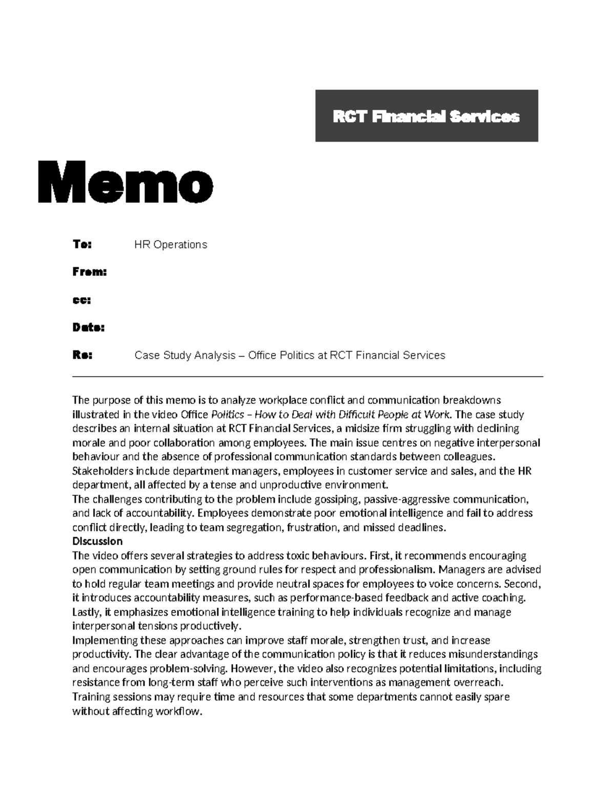 RCT Financial Services Case Study: Analyzing Office Politics - Studocu