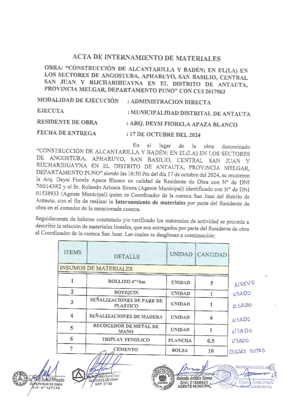 ACTA DE INTERNAMIENTO DE MATERIALES - CUI 2617063 - Studocu