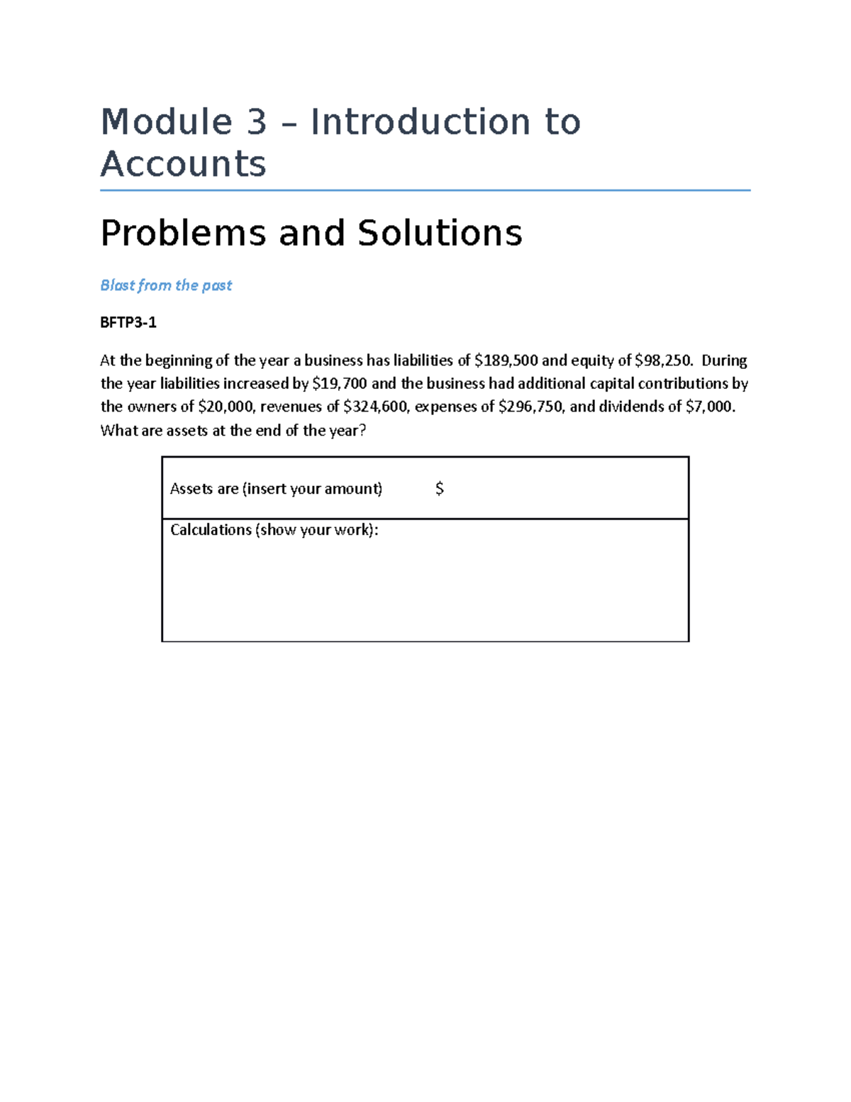 Module 3 - Problems and Solutions - Module 3 – Introduction to Accounts Problems and Solutions ...
