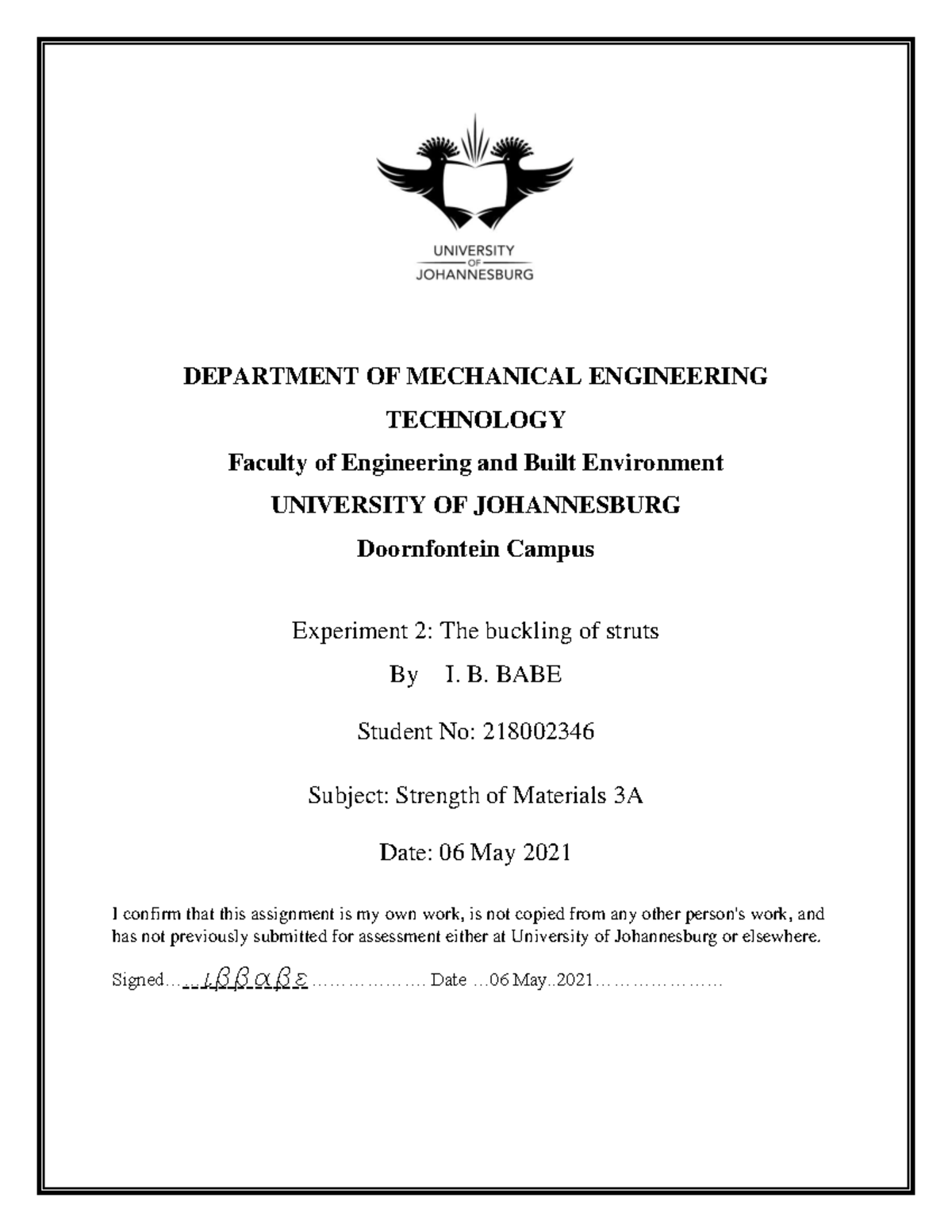 Strength of Materials 3A: Experiment on Buckling of Struts - Studocu