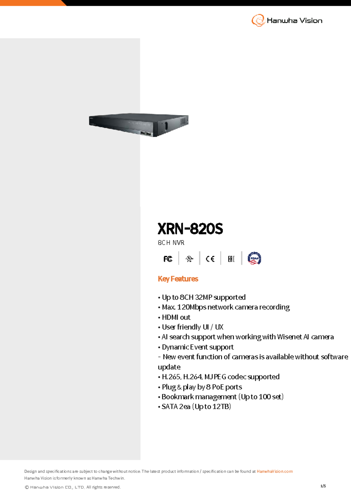 8CH NVR Data Sheet XRN-820S: Key Features & Specifications - Studocu