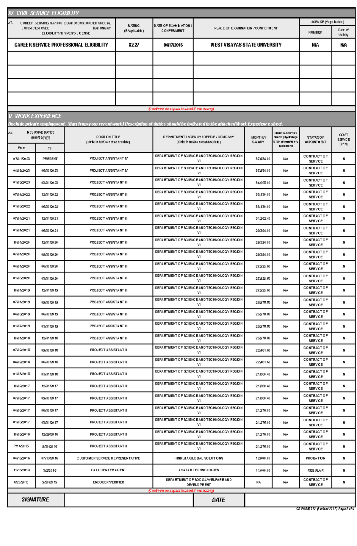 CS Form No. 212 PDS revised JMC - 27. NUMBER Date of Validity 82 N/A N ...