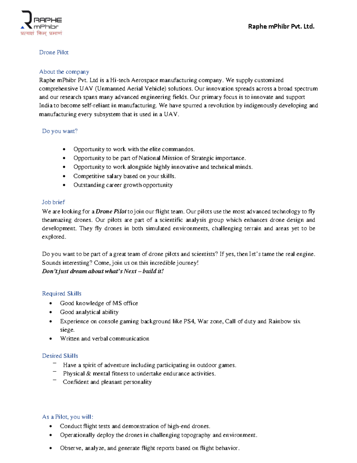 Drone Pilot II Job Description at Raphe mPhibr Pvt. Ltd. - Studocu