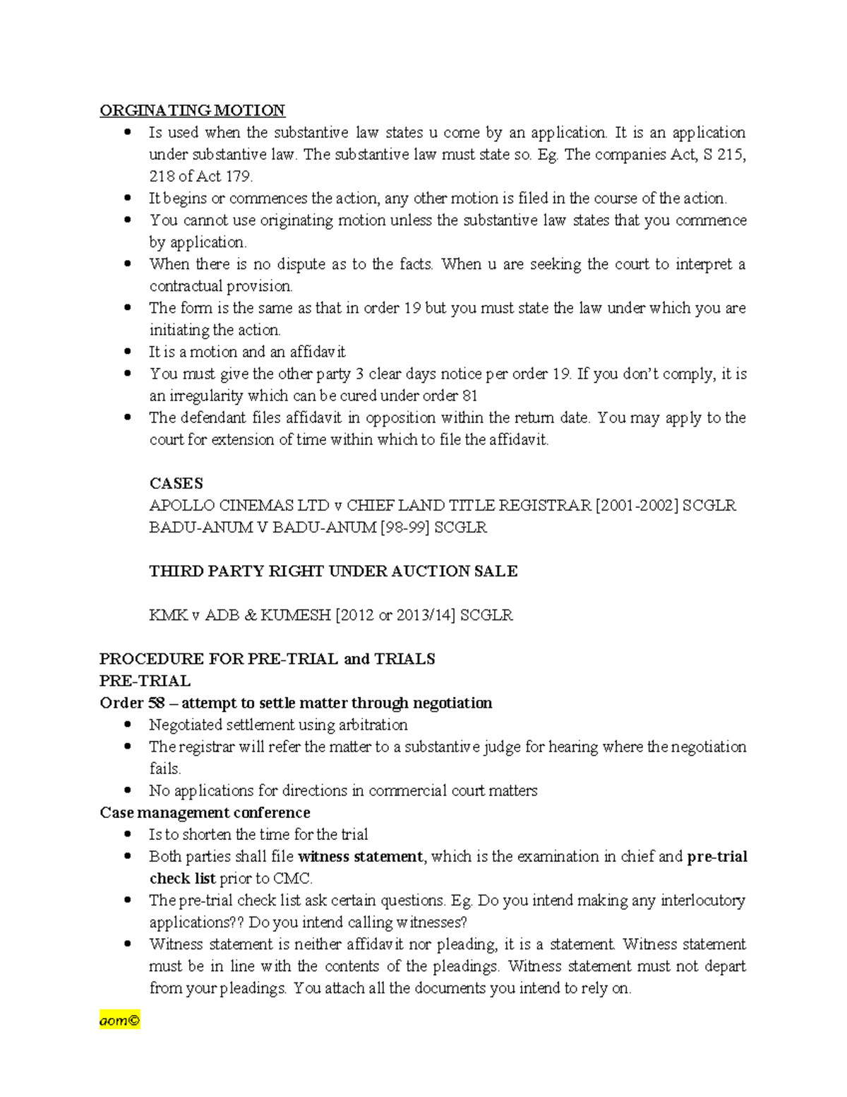 Civil Procedure - Originating Motion & Pre-Trial Drafting Notes - Studocu