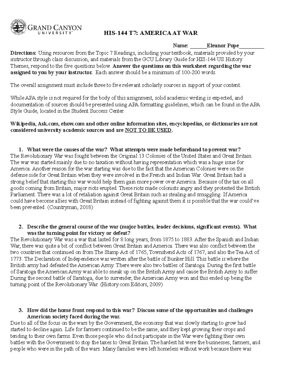 E Pope HIS-144-T7.America at War Worksheet Online - HIS-144 T7: AMERICA ...