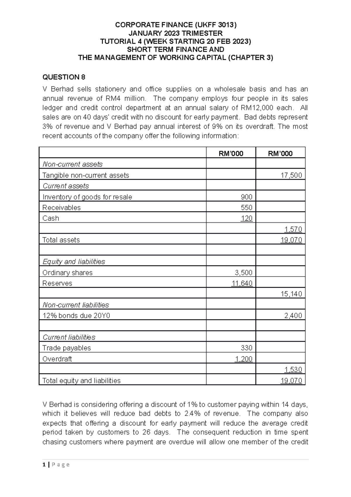 Tutorial 4 Q8 - CORPORATE FINANCE (UKFF 3013) JANUARY 2023 TRIMESTER ...