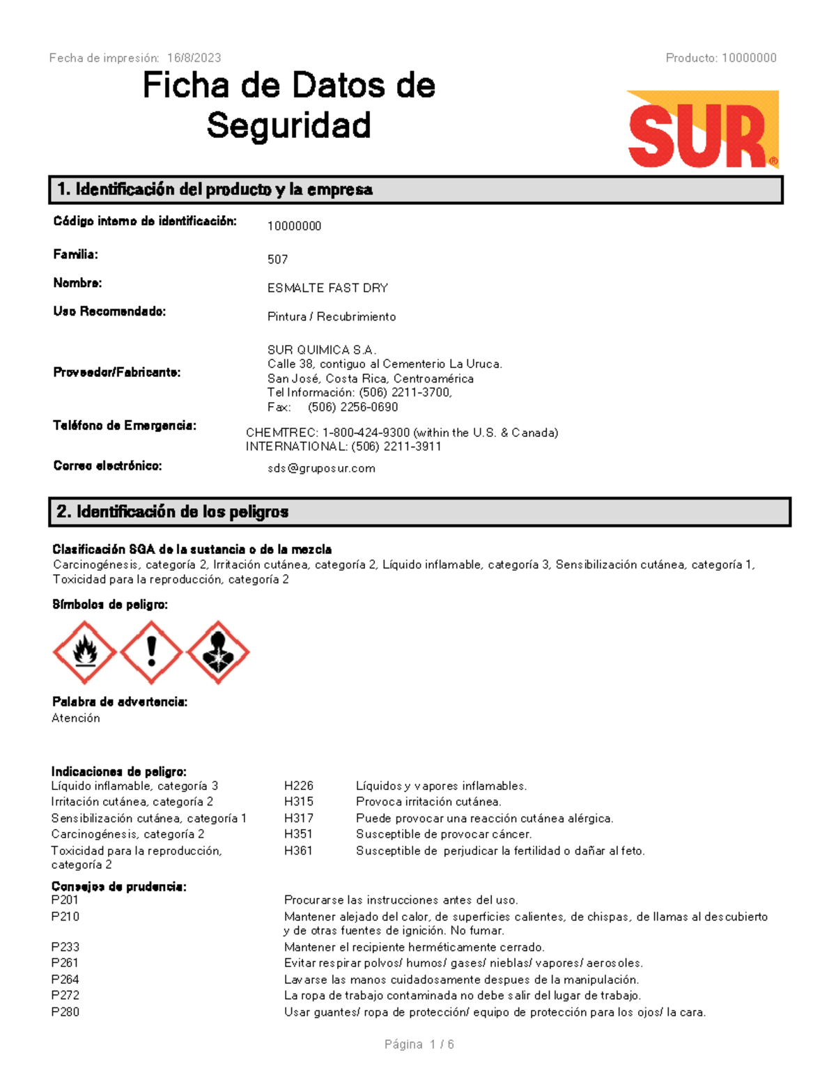 Hoja de Seguridad de ESMALTE FAST DRY - Código 10000000 - Studocu