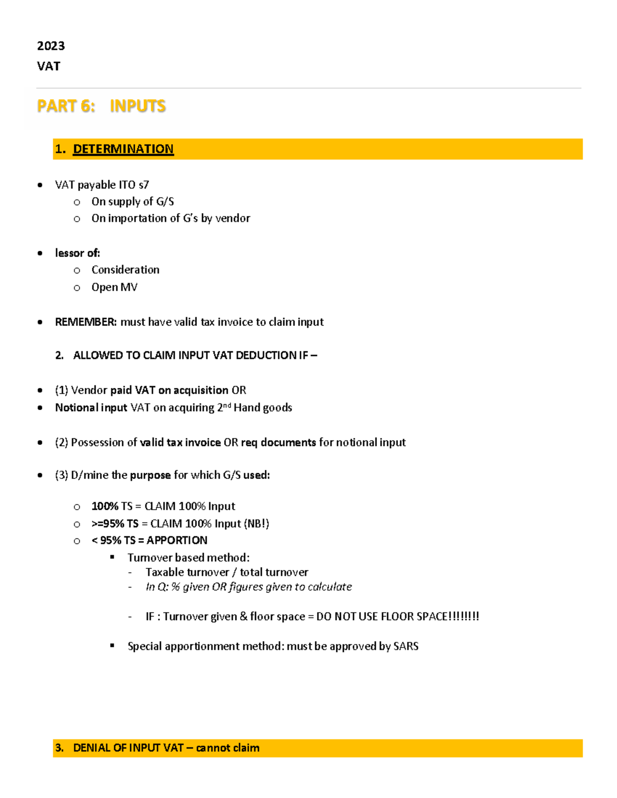 2023 VAT Notes: Input VAT Determination & Claims Guide - Studocu