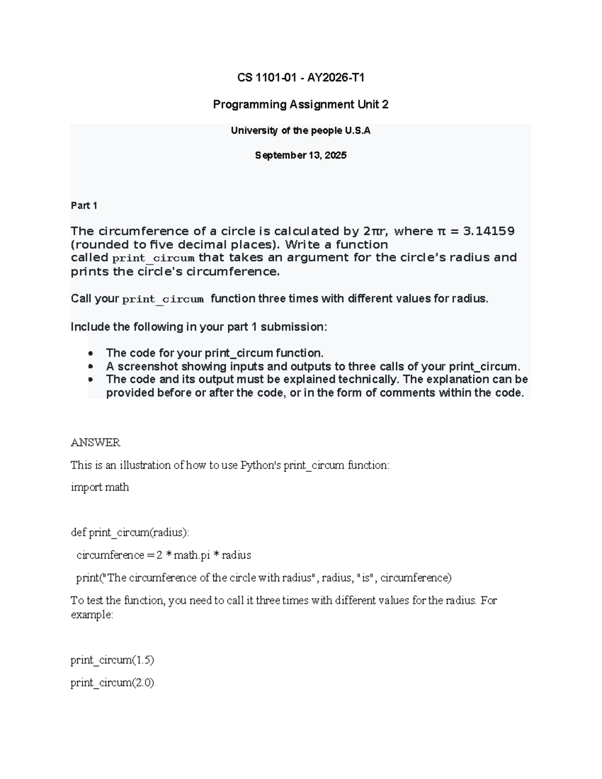 PROG CS Unit 2 - Programming Assignment on Circle Circumference & Catalog - Studocu