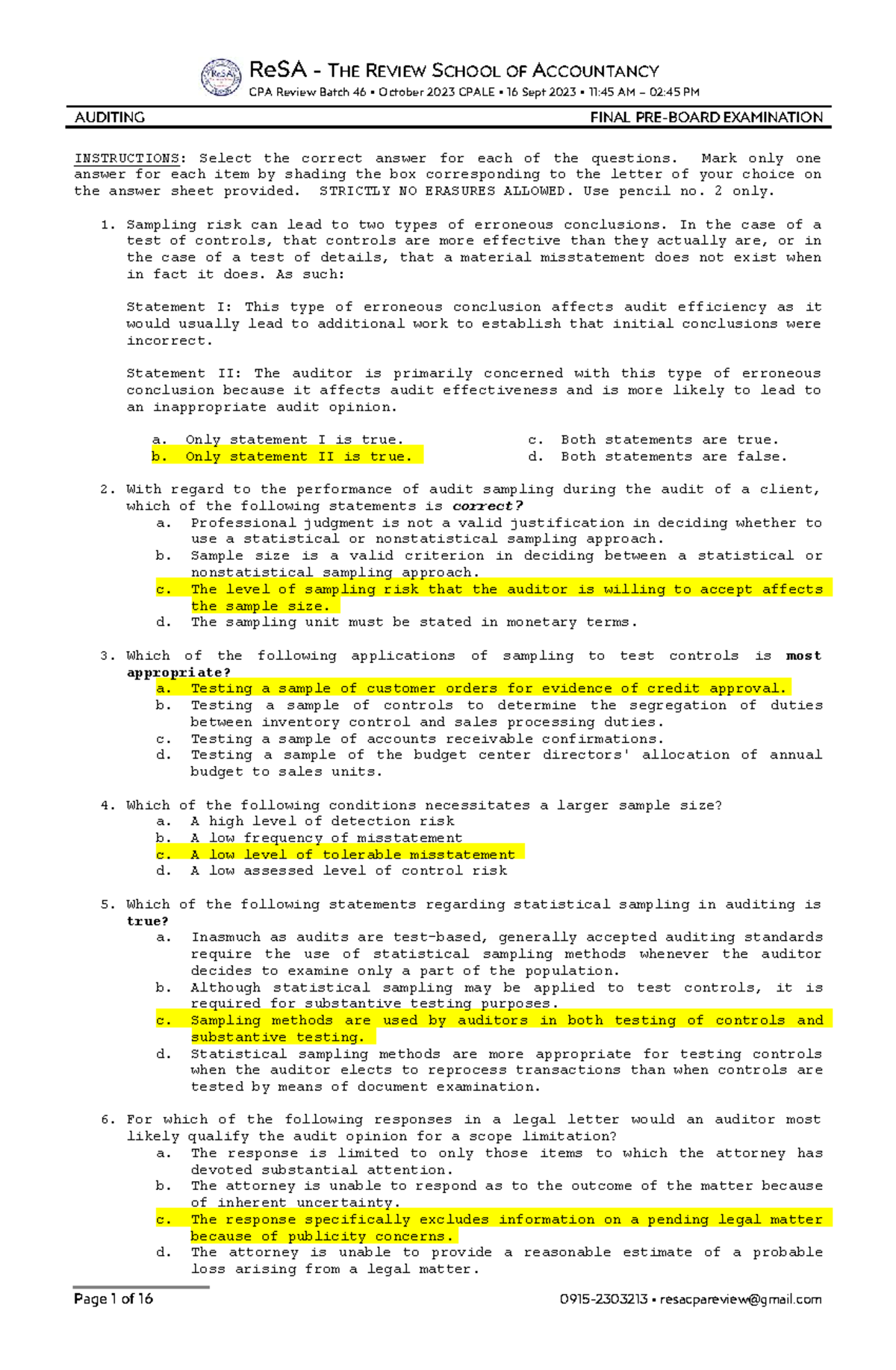 ReSA B46 AUDITING Final Exam Questions & Answers Solutions - Studocu