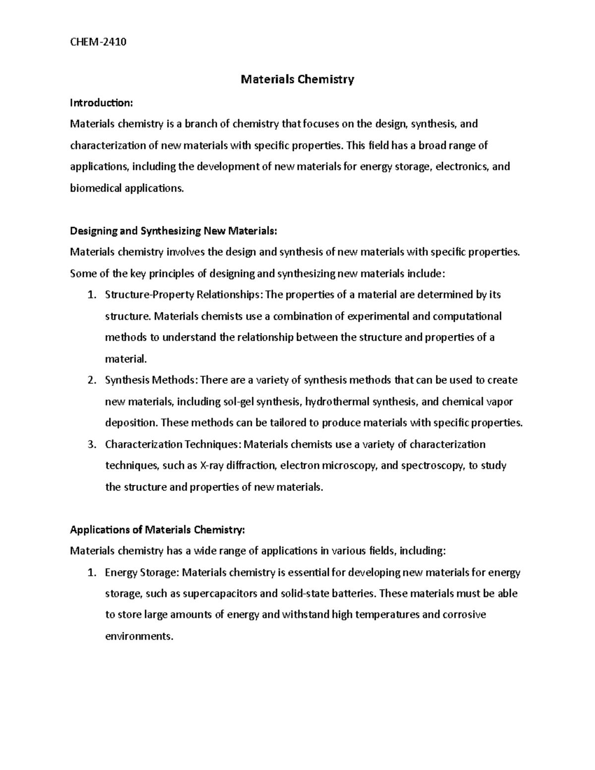 Materials chemistry: including the design and synthesis of new ...