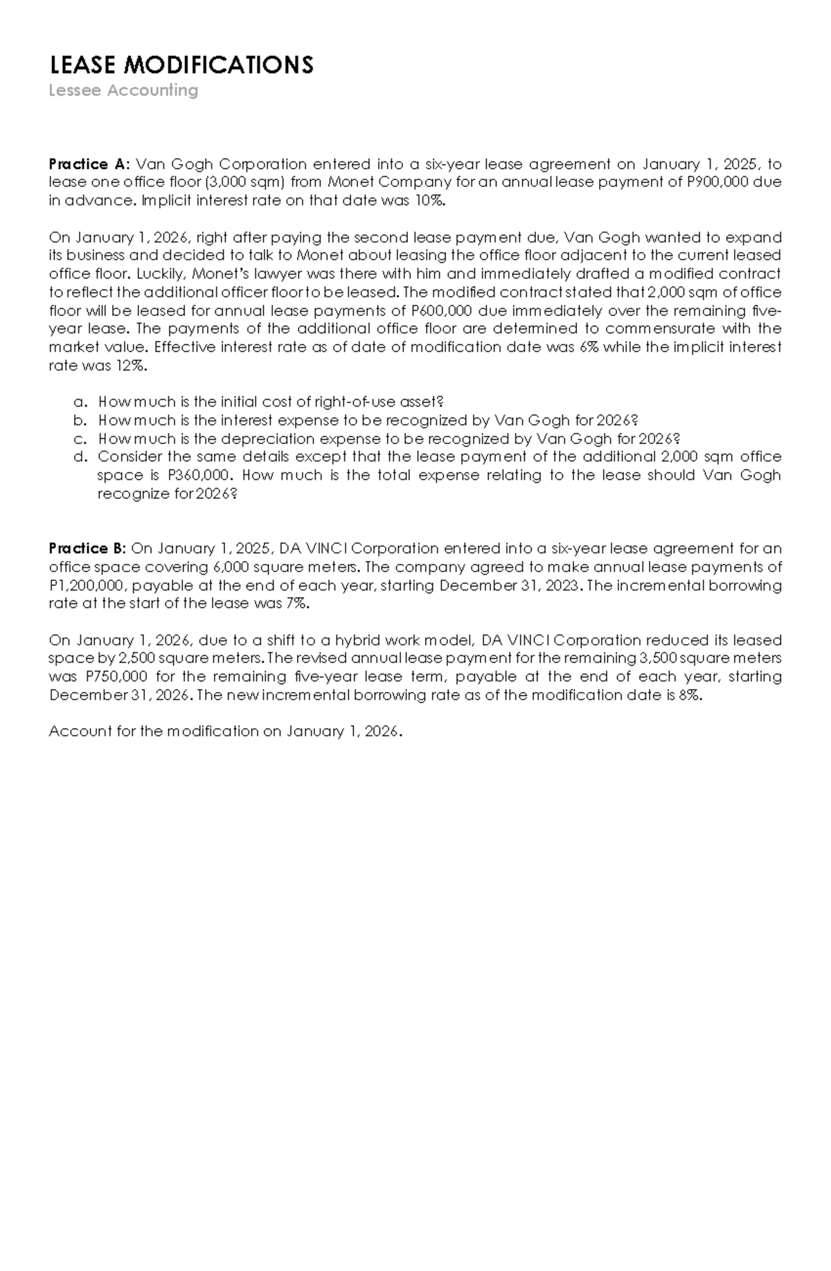 Lease Modifications - Accounting Practices for Van Gogh & Da Vinci ...