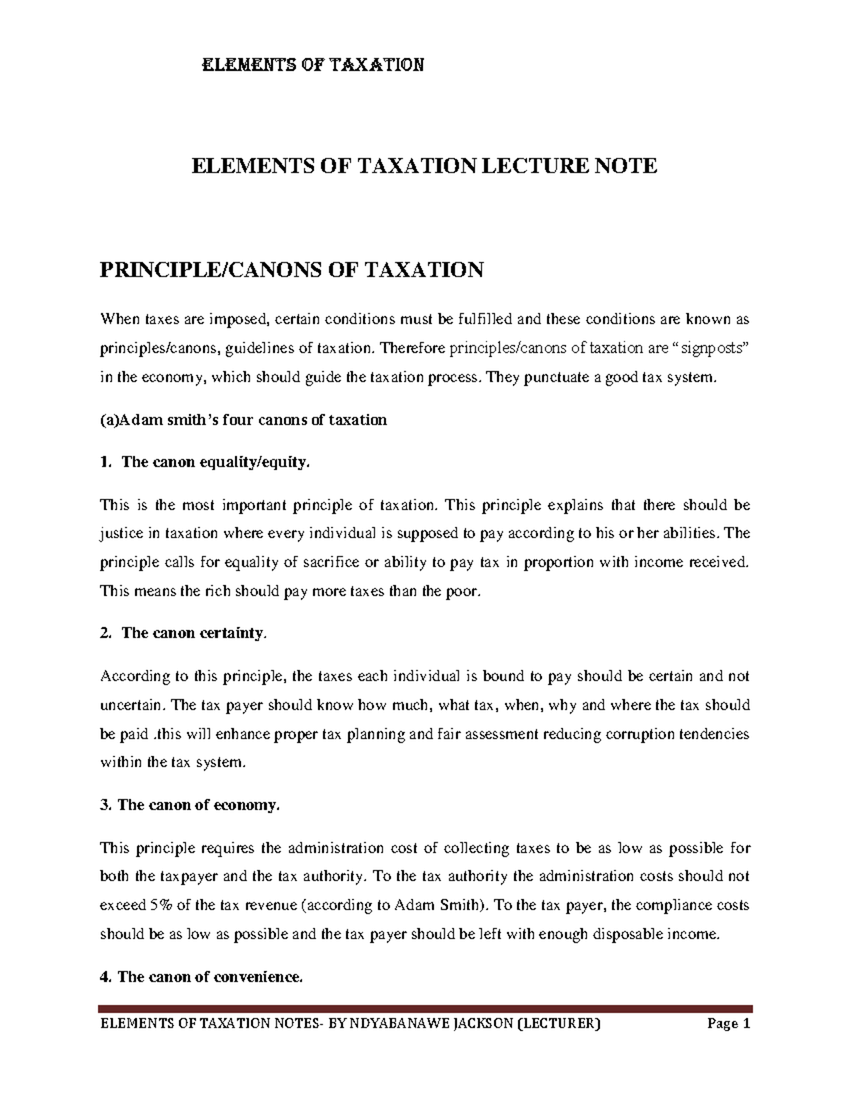 Elements of Taxation: Principles, Canons & Key Concepts Lectures - Studocu