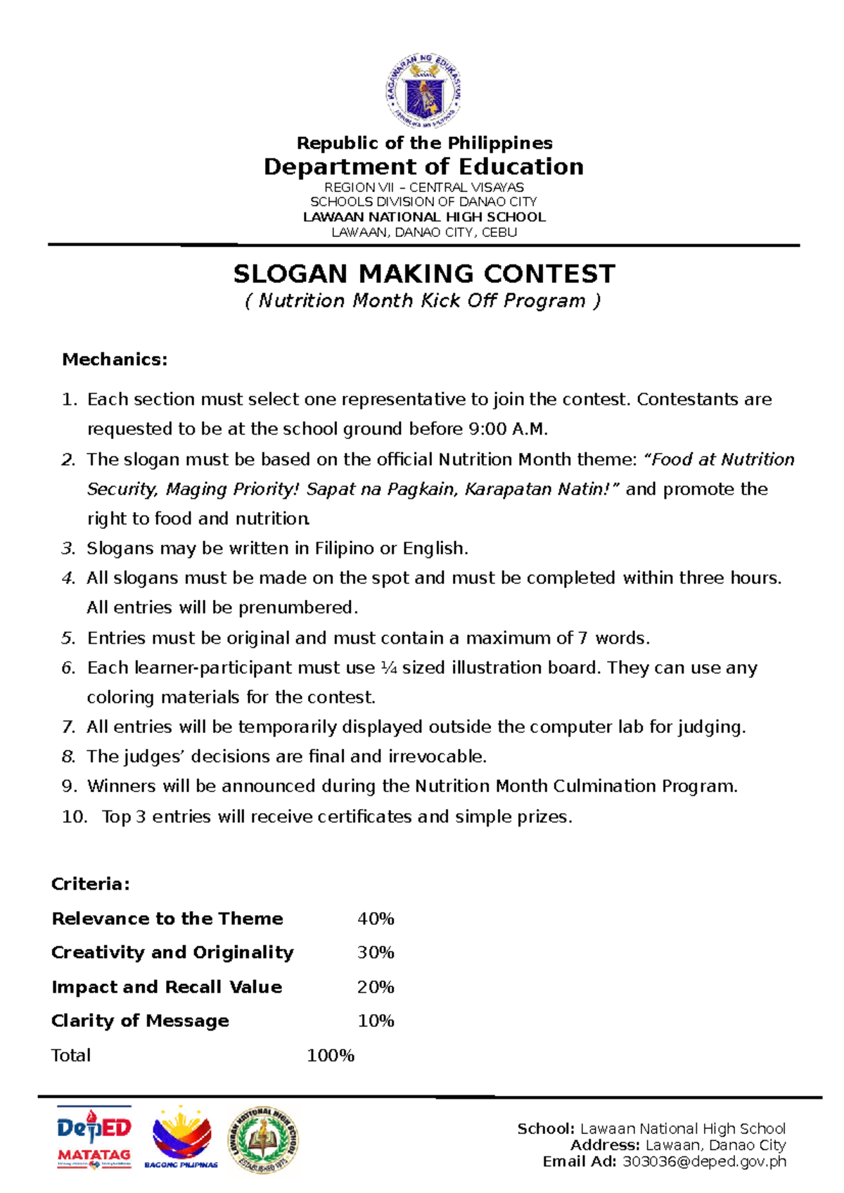 Nutrition Month Kick Off: Slogan & Poster Contest Mechanics - Studocu