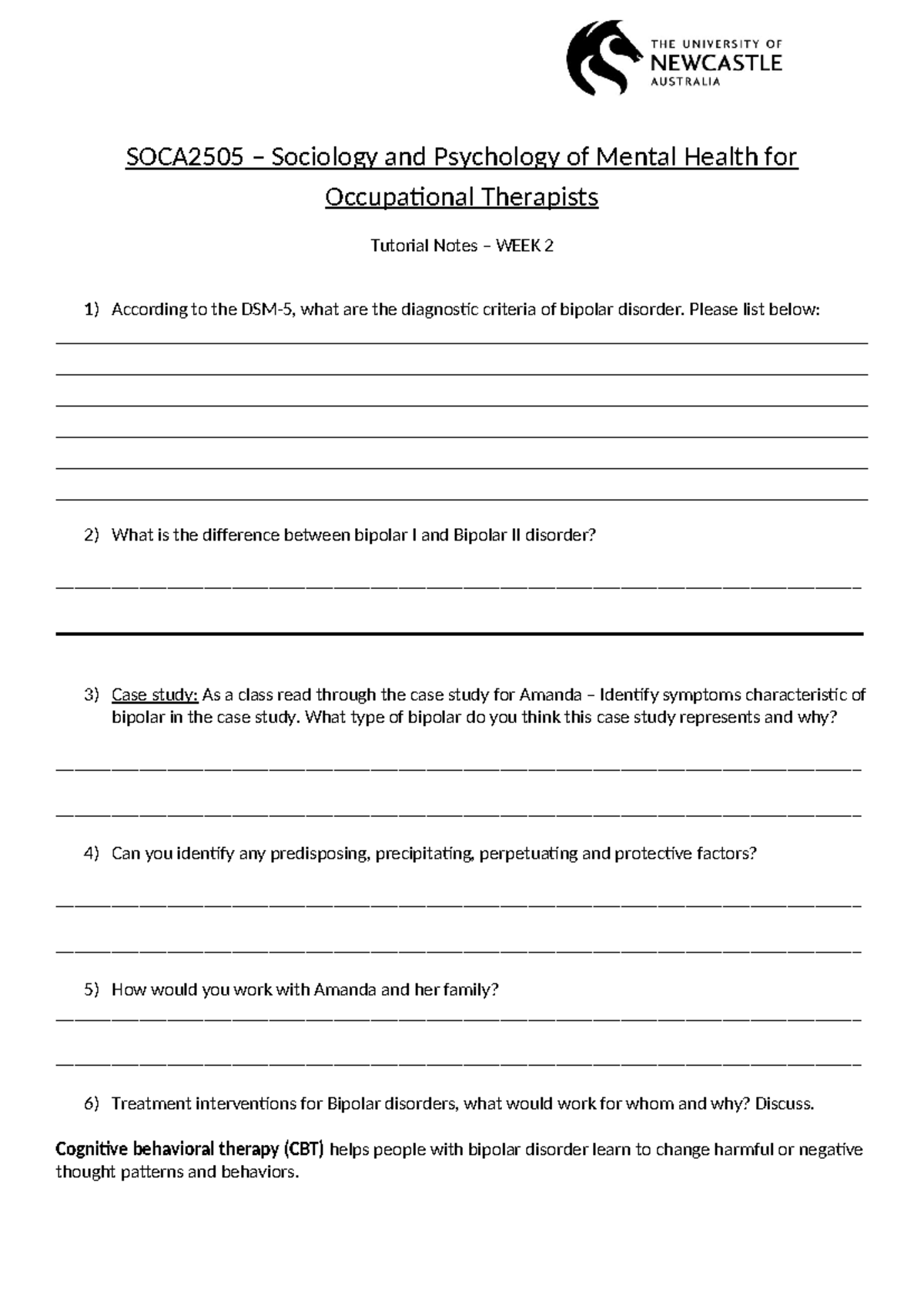 SOCA2505 Tutorial Notes: Bipolar Disorder Insights and Case Study - Studocu