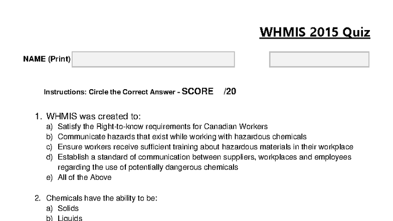 WHMIS 2015 Quiz - Important Safety Knowledge Assessment - Studocu