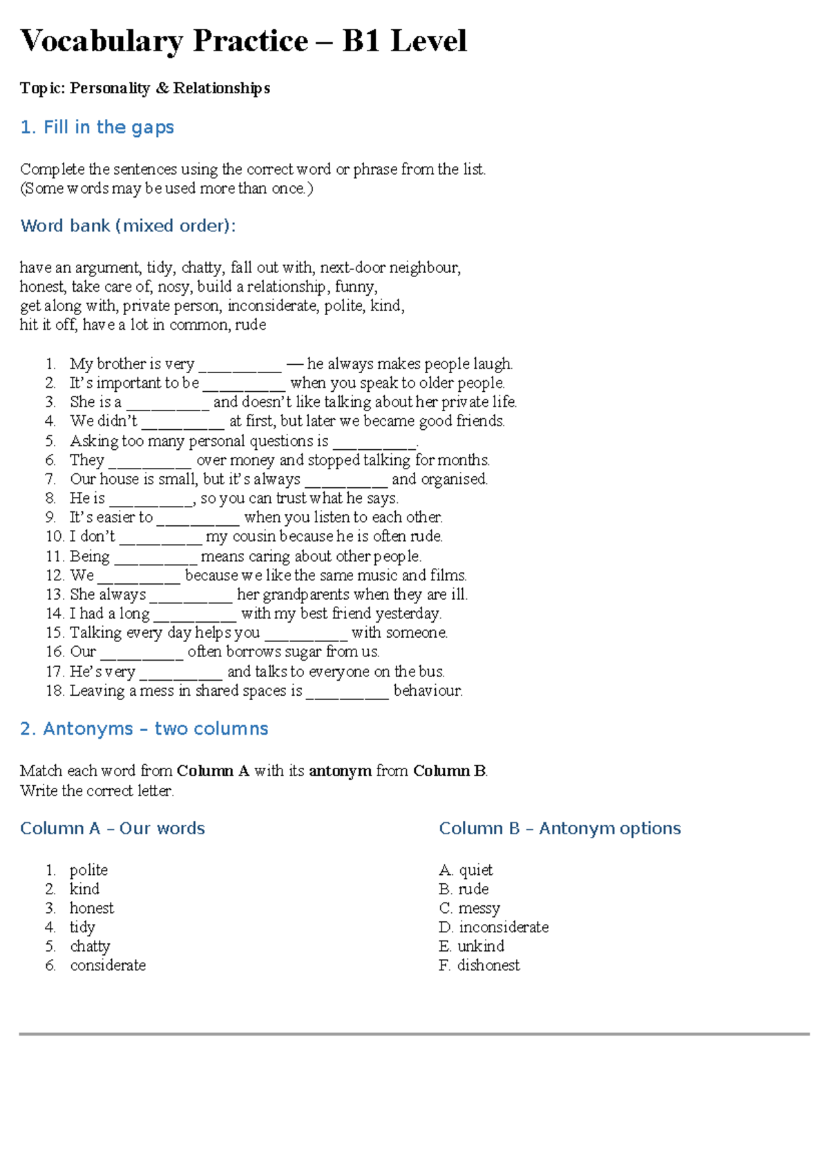 Vocabulary Practice B1 Level: Personality & Relationships - Studocu