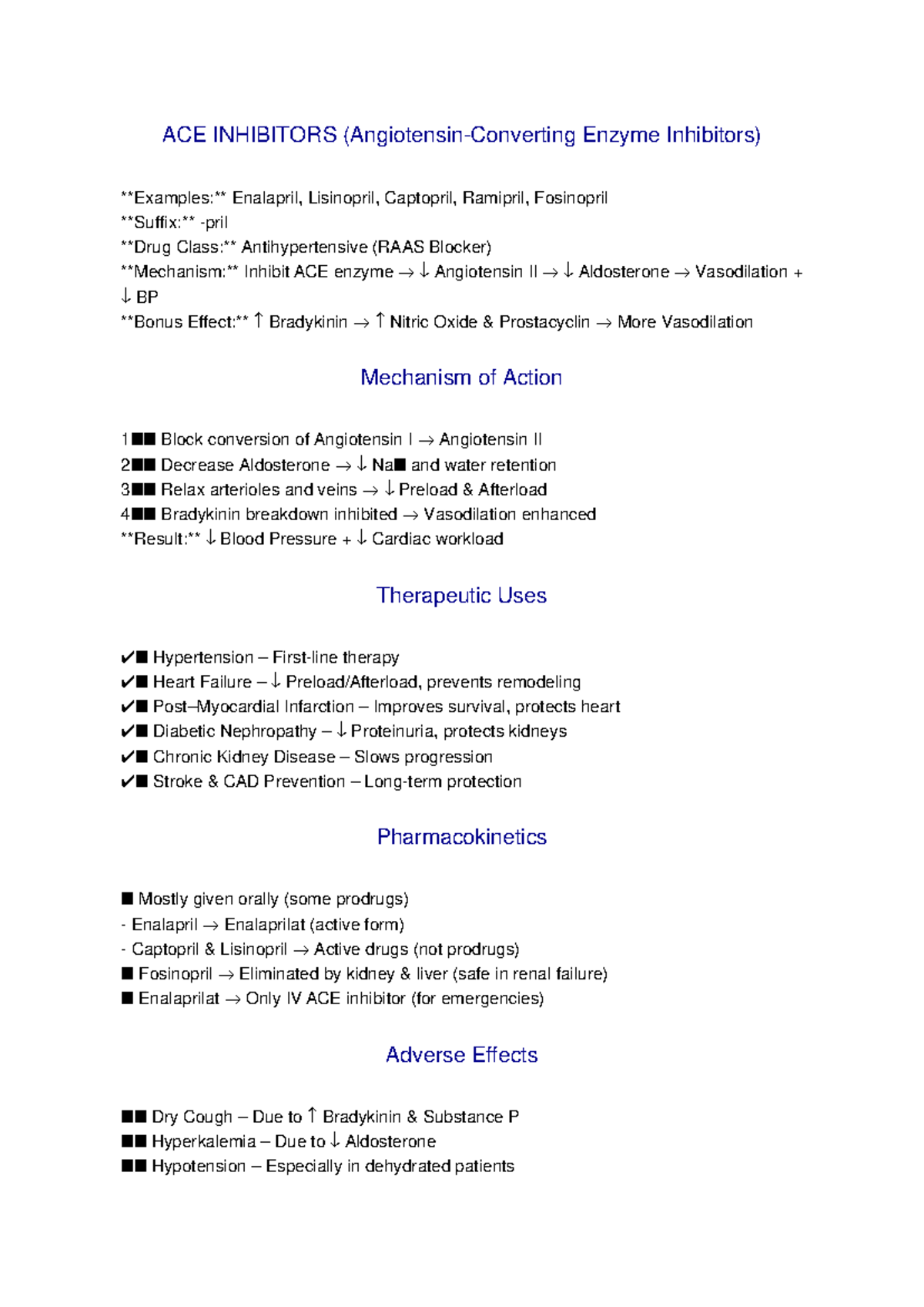 ACE Inhibitors (Pharmacology) Flashcards for Study - Studocu